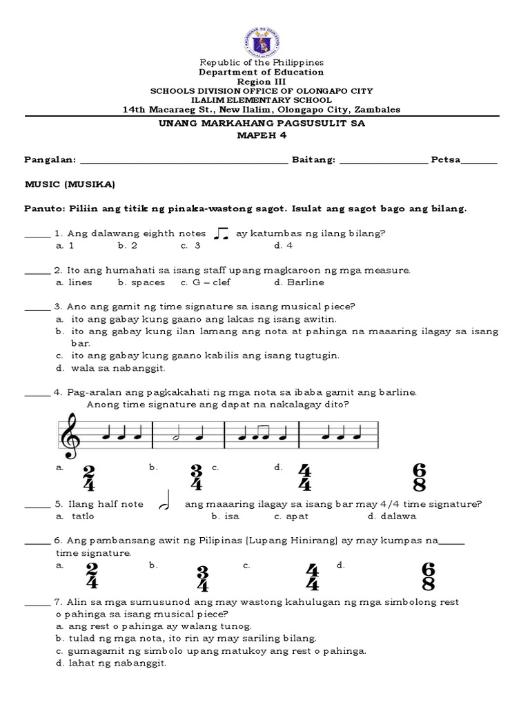 Mapeh 4 Quarterly Exam | PDF