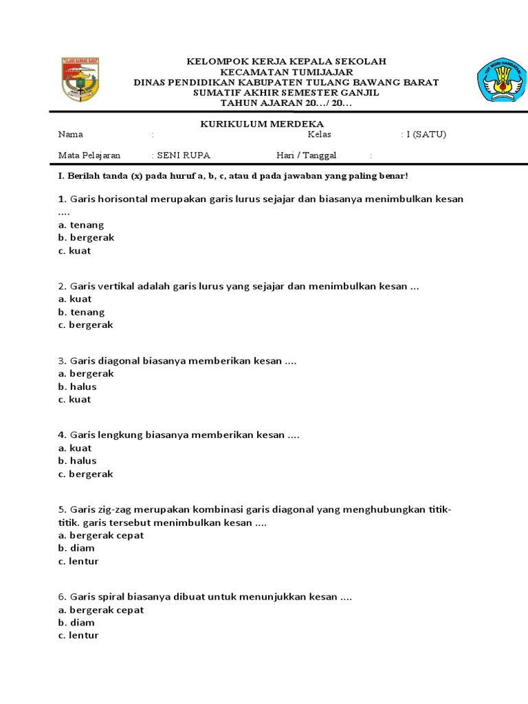 Soal PAS Sumatif Seni RUPA Kelas I Semester 1 (Dicariguru - Com) - 2 | PDF | Griya & Taman | Seni