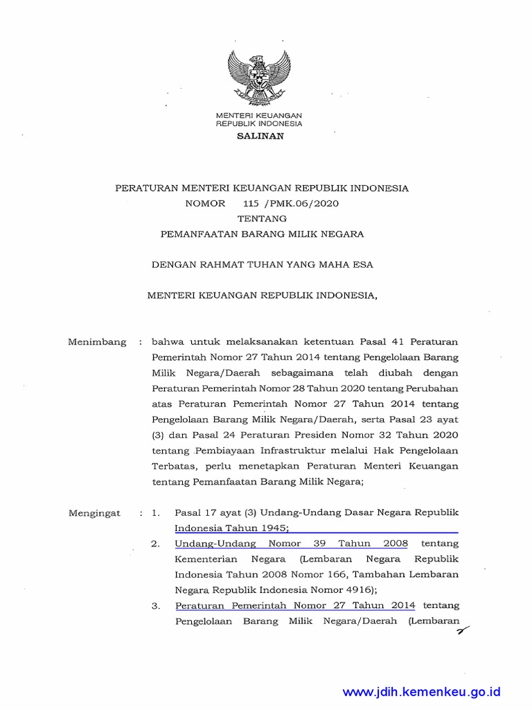115 - PMK.06 - 2020 (Pemanfaatan BMN) | PDF