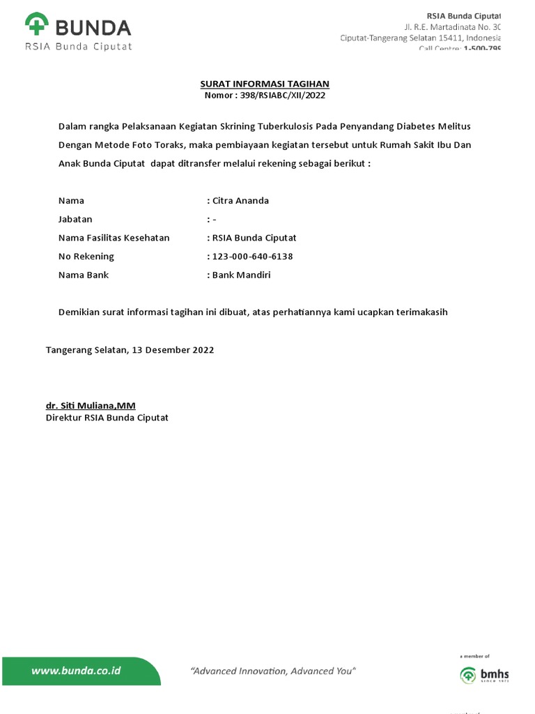 Surat Informasi Tagihan TB DM | PDF