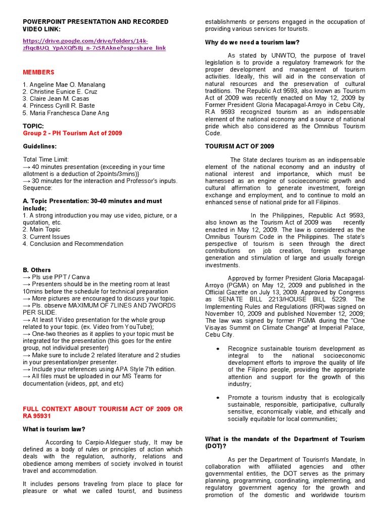 Group 2 - Full Context of Tourism Act of 2009 | Download Free PDF ...