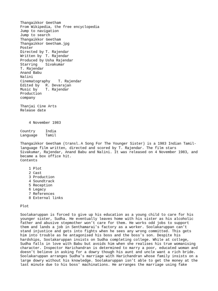 Thangaikkor Geetham | Download Free PDF | Cinema Of India | Tamil Cinema