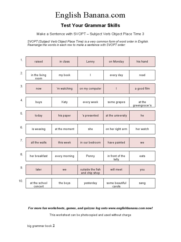 Make A Sentence With Svopt Subject Verb Object Place Time 3 | PDF
