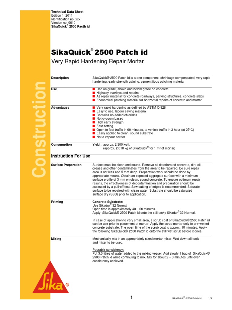 SikaQuick 2500 Patch Id | PDF | Concrete | Water