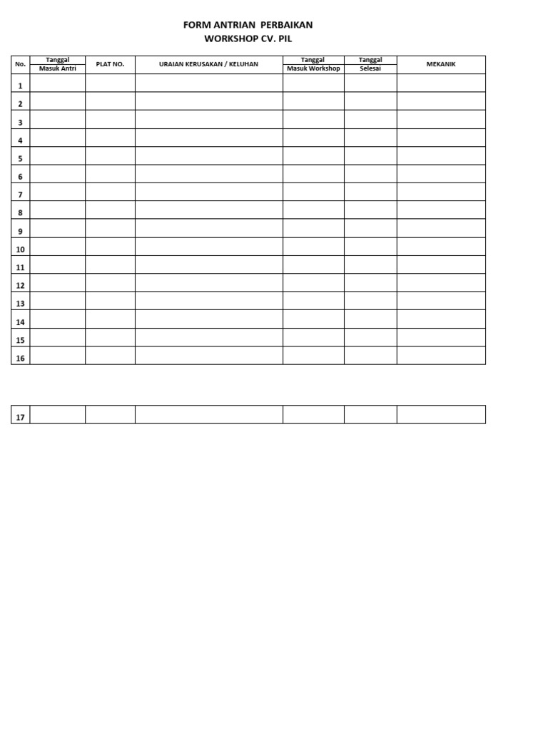 Form Antrian Perbaikan Armada CV. PIL | PDF