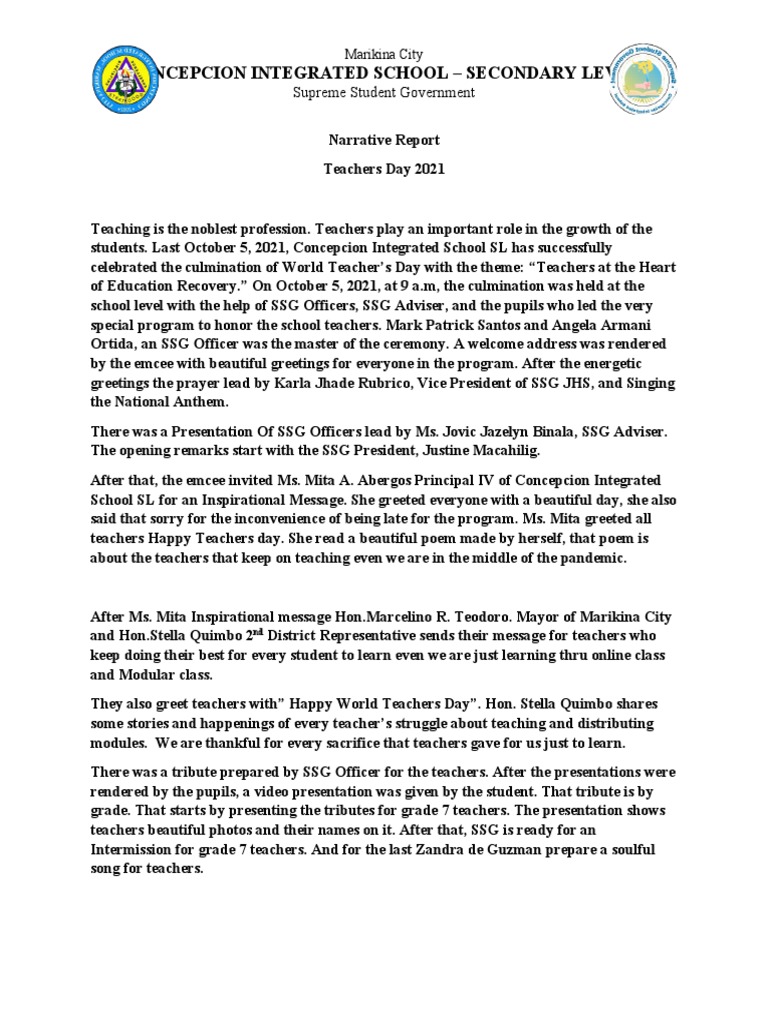 Narrative Report - Teachers Day 2021 | PDF