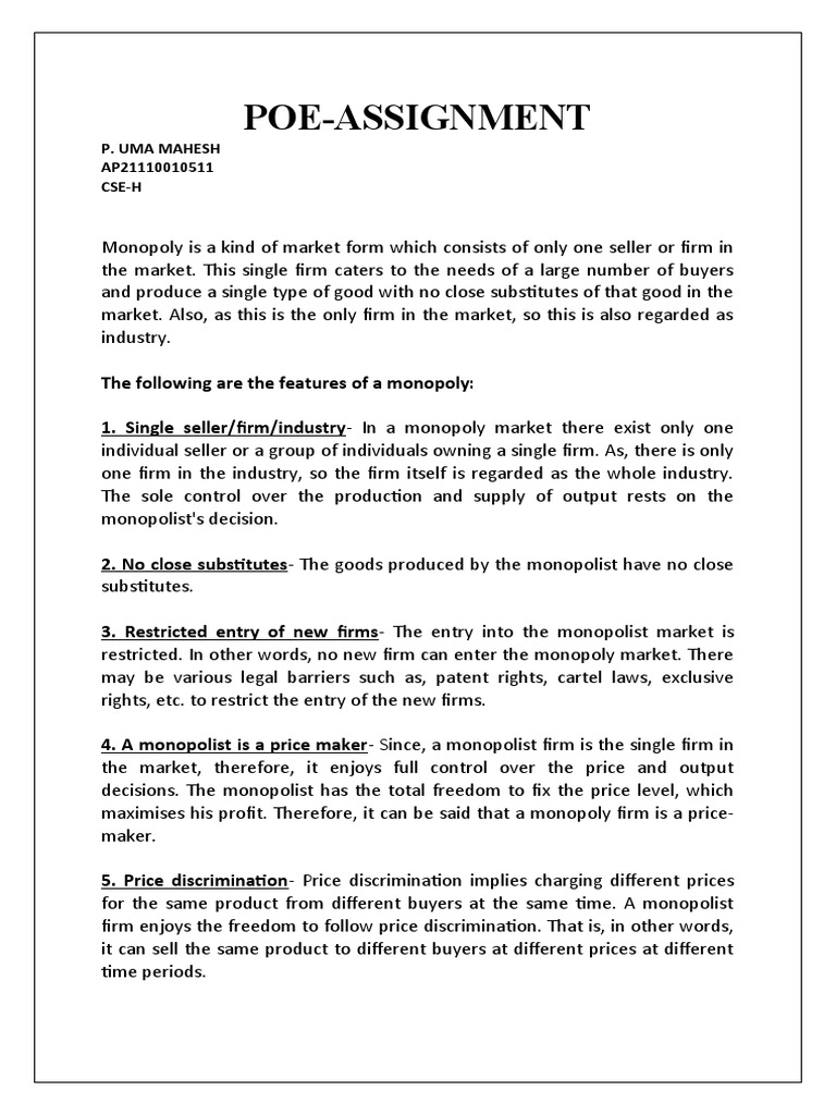 POE Assignment AP21110010511 Uma Mahesh | PDF | Monopoly | Profit ...