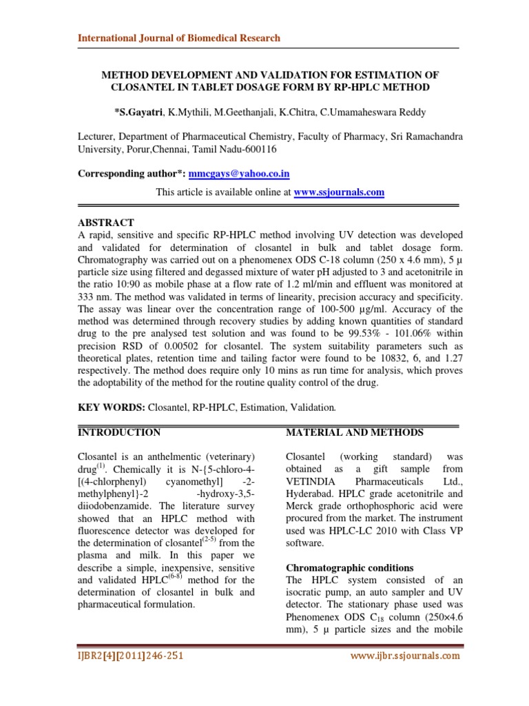 Method Development and Validation for the Estimation of Closantel in Tablet Dosage Forms Using ...