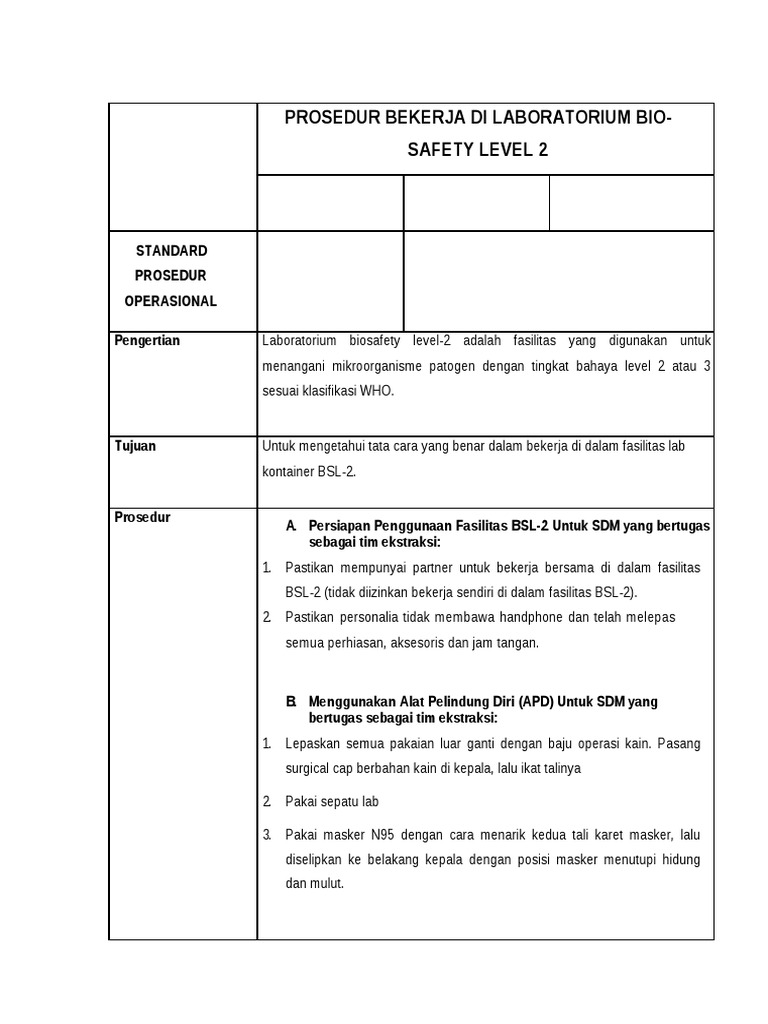 Prosedur Bekerja Di Laboratorium BSL 2 | PDF