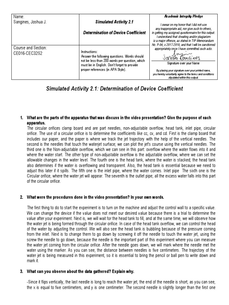 SANGINES Joshua Activity2.1 | PDF | Experiment | Continuum Mechanics