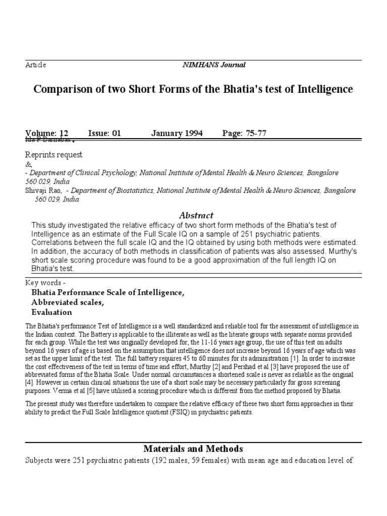 Comparison of Two Short Forms of The Bhatias Test of Intelligence 75 77 ...