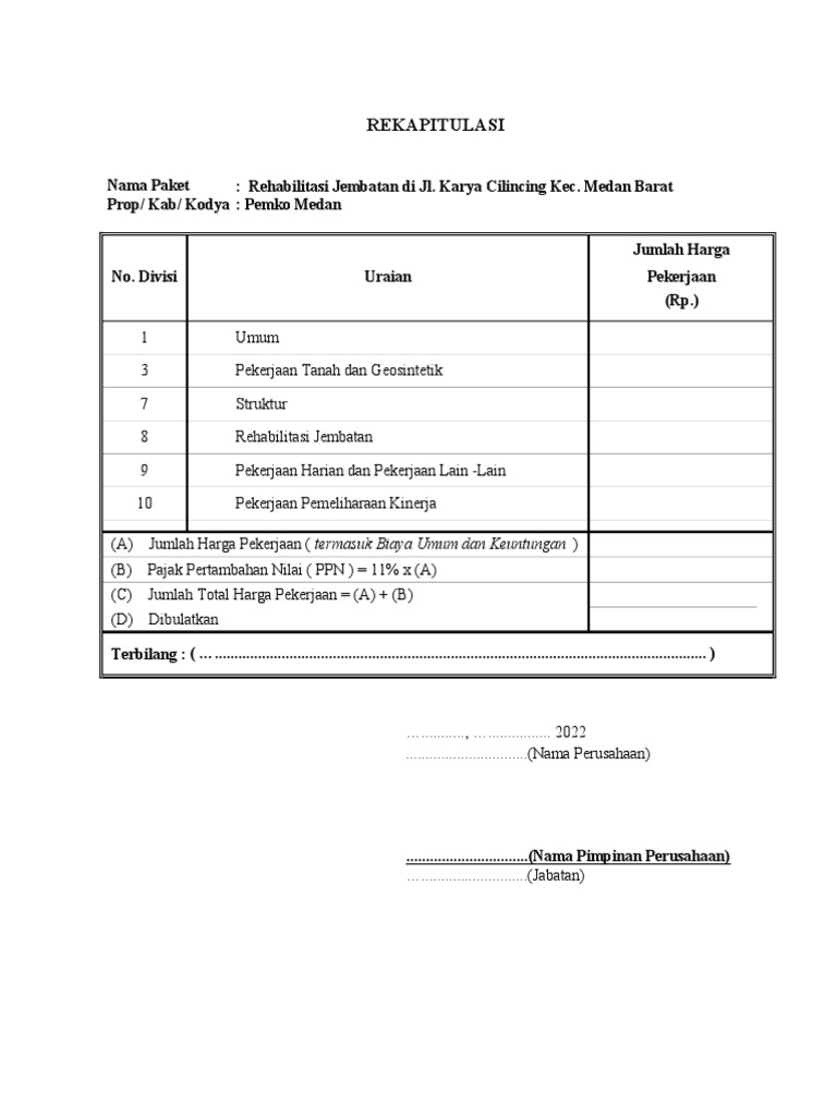 BOQ Jembatan Karya Cilincing | PDF