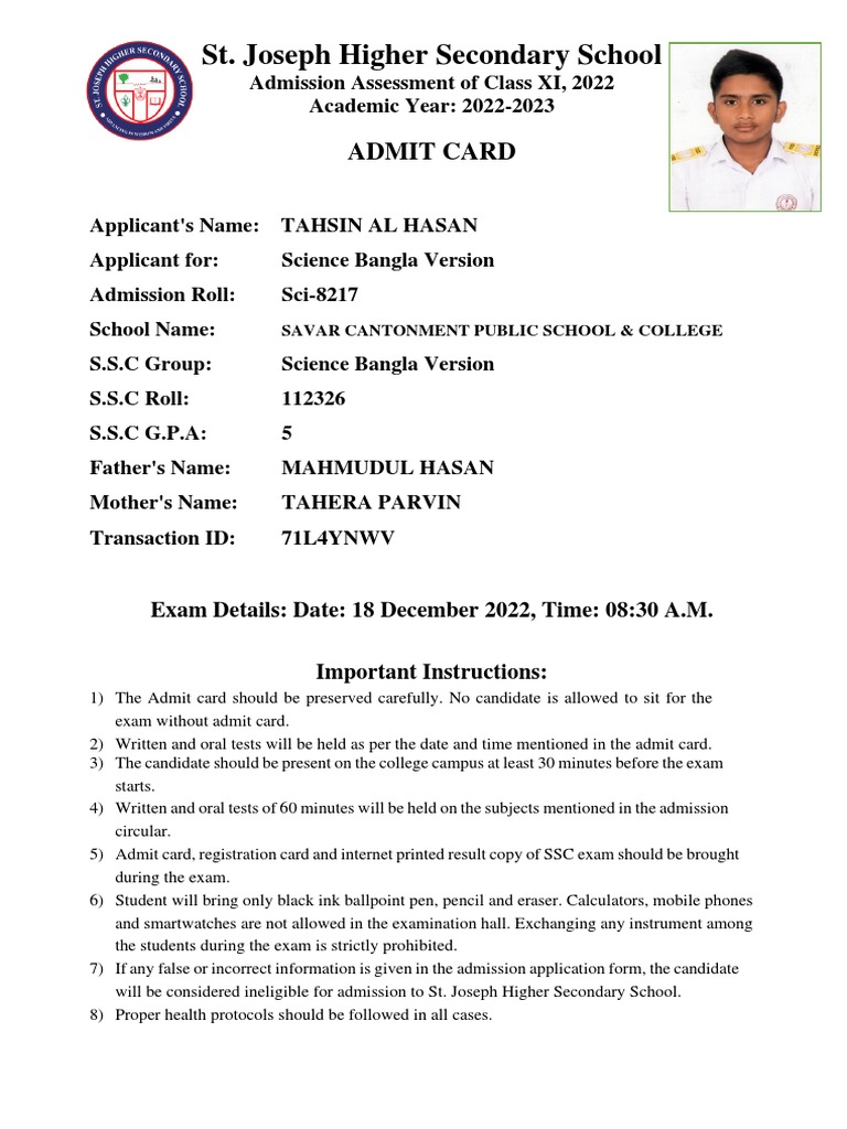 St. Joseph Higher Secondary School: Admit Card | PDF
