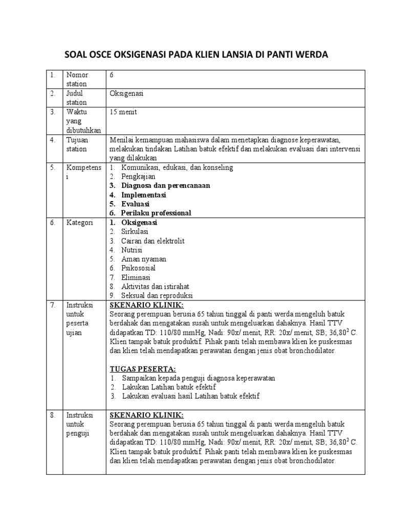 Soal Osce Oksigenasi Pada Klien Lansia Di Panti Werda | PDF