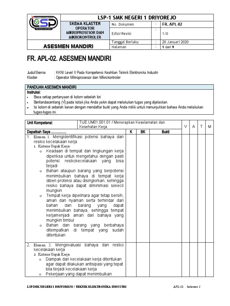 Fr. Apl. 02 Asesmen Mandiri (Claster 1) | PDF | Teknologi & Rekayasa