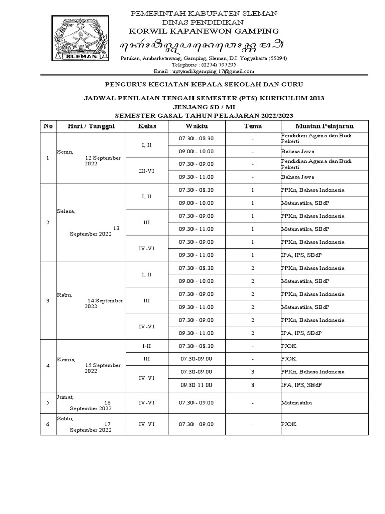 Jadwal Pts Gasal 2022-2023 Gamping | PDF