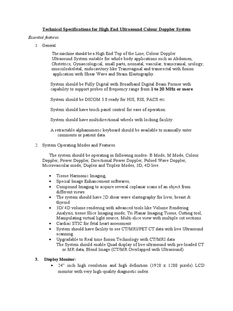 Technical Specifications For High End Ultrasound Colour Doppler System ...