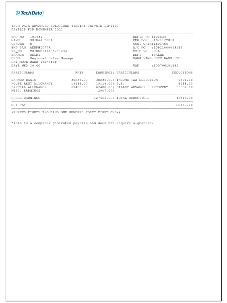 Nov Payslip | PDF | Finance & Money Management