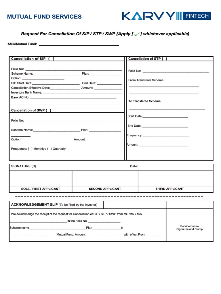 Request For Cancellation of SIP-STP-SWP - KARVY | PDF