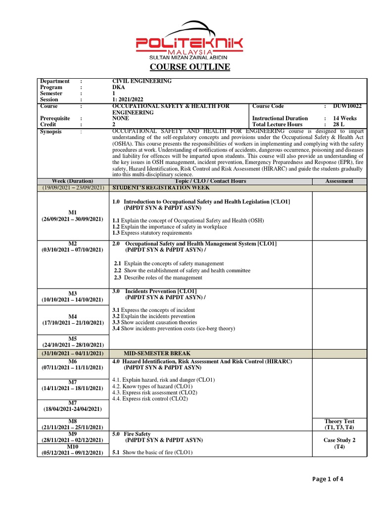 Course Outline Duw10022 Sesi 1 - 2021 - 2022 Edited | PDF | Occupational Safety And Health ...