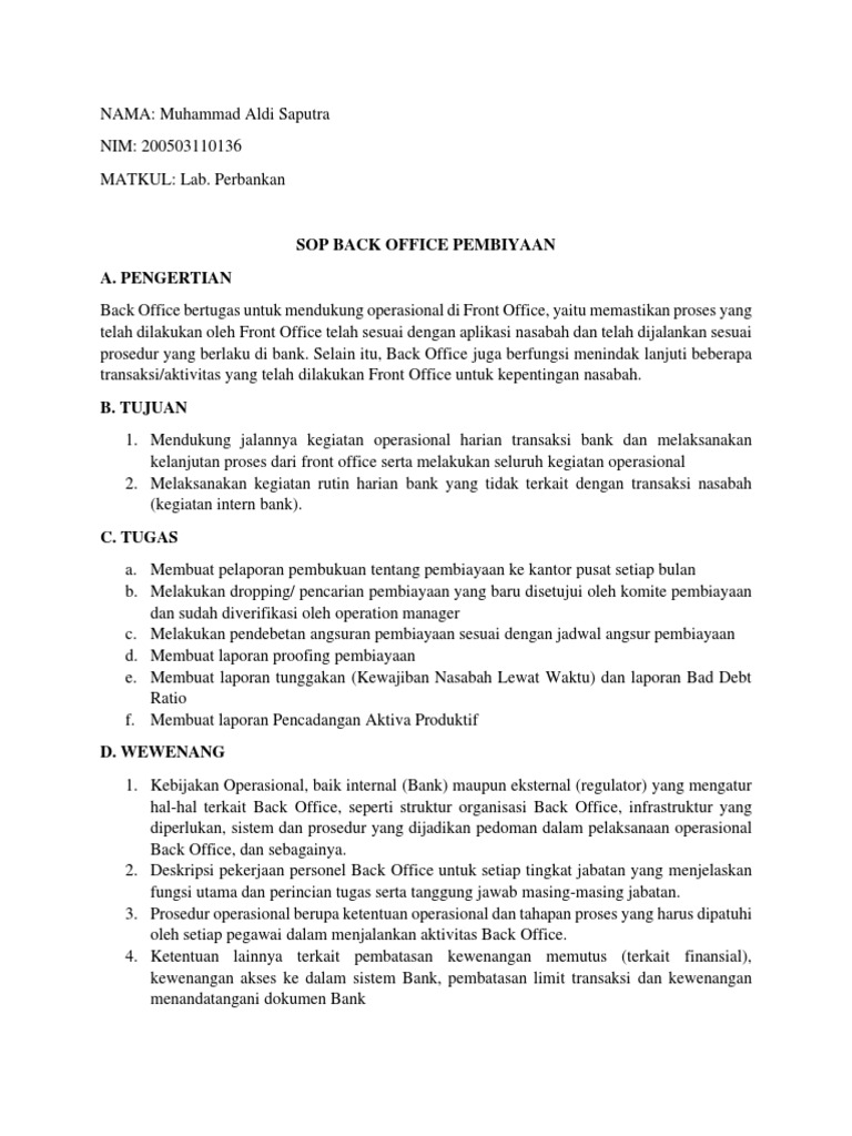 Sop Back Office Pembiayaan | PDF