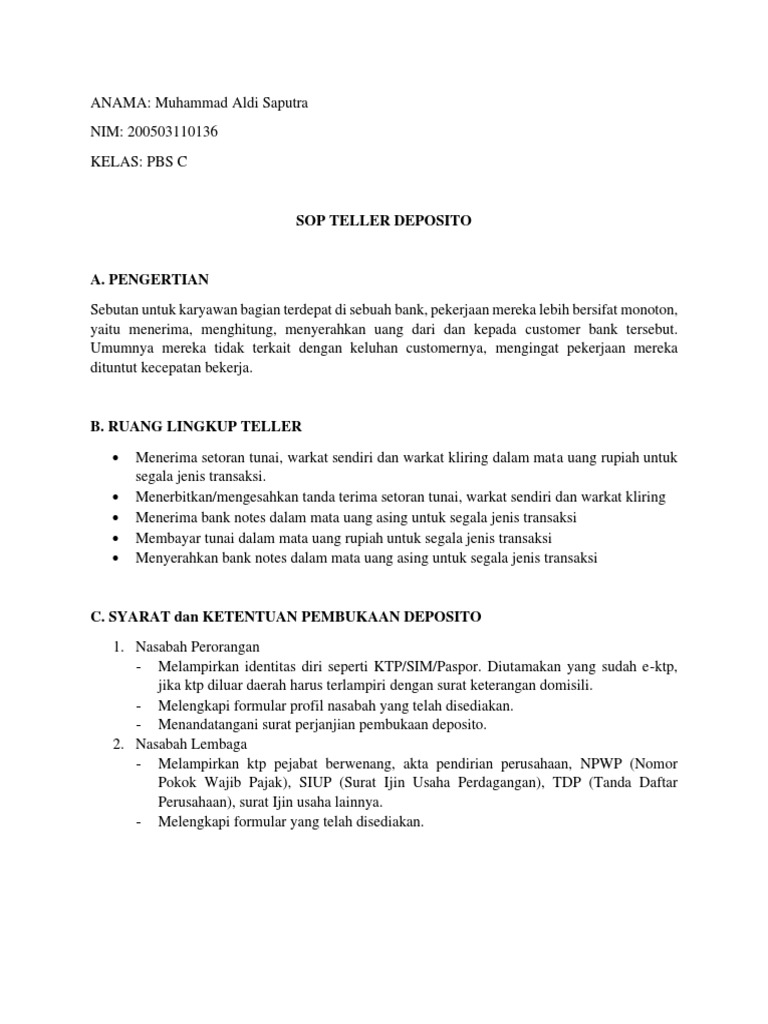 SOP Pembukaan Deposito Teller | PDF | Pengelolaan Keuangan & Uang