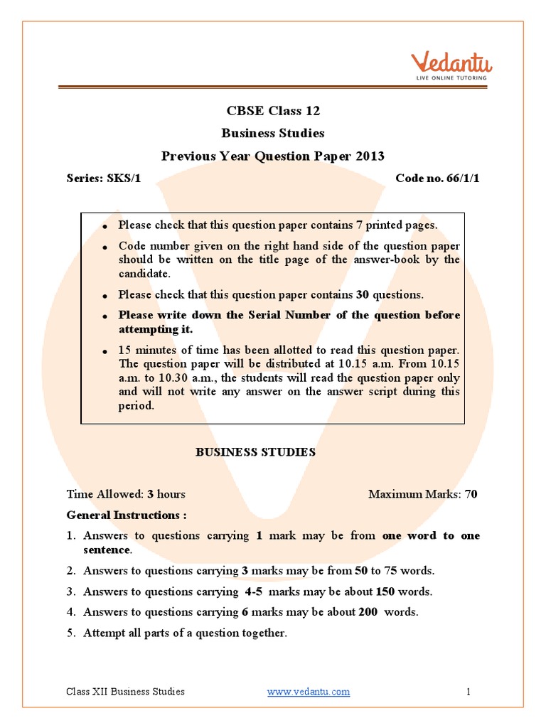 CBSE Class 12 Business Studies Question Paper 2013 With Solutions | PDF ...