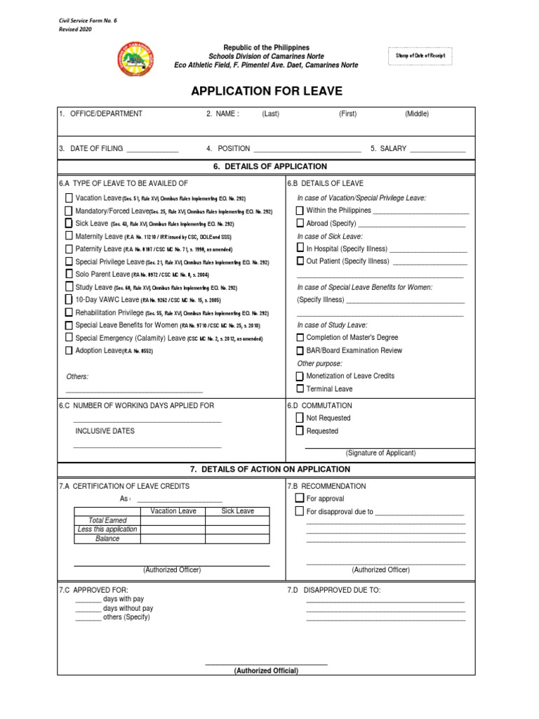 CS Form No. 6 Revised 2020 Application For Leave Fillable Final2021 | PDF | Parental Leave ...