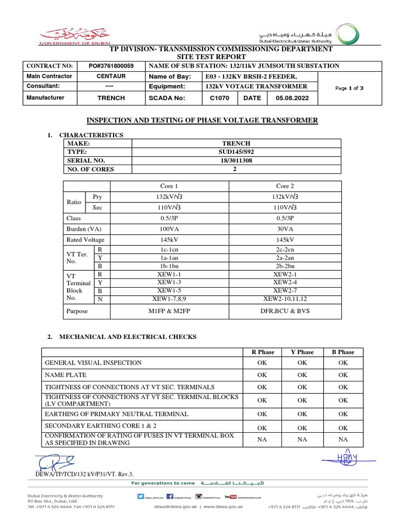 132KV VT Test Report-Jumsouth Ss Updated SIGNED | PDF | Transformer ...