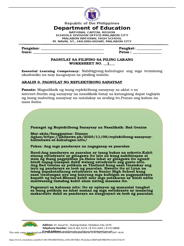 Benicellane Devera Worksheet Replektibong Sanaysay. | PDF