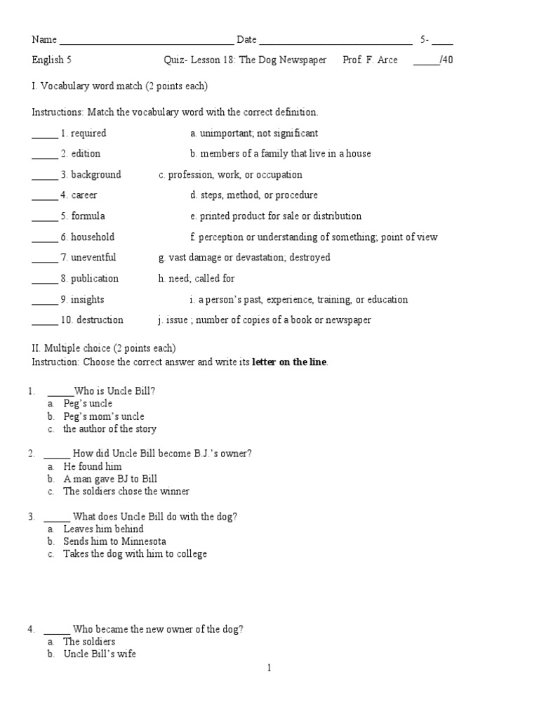 Quiz - The Dog Newspaper - Read Comp | PDF