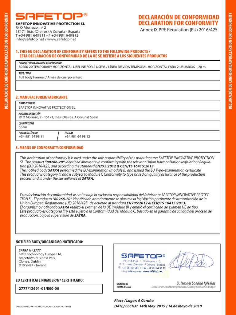 Declaración de Conformidad Declaration For Conformity | PDF