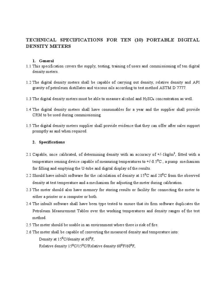 DMA Specs - Tender | PDF | Density | Calibration
