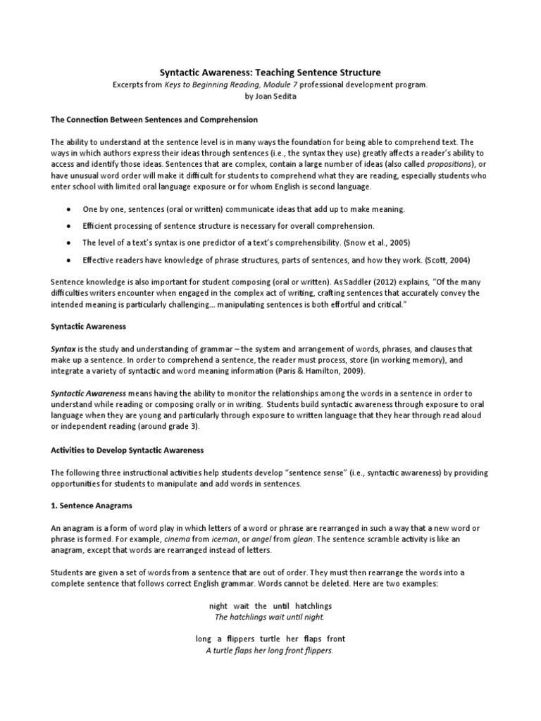 Syntactic Awareness | PDF | Part Of Speech | Syntax
