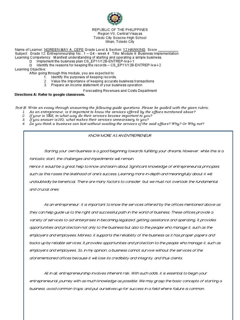 Cabillar Las q4 m9 Wk4 Entrep Print | PDF | Entrepreneurship | Cognition