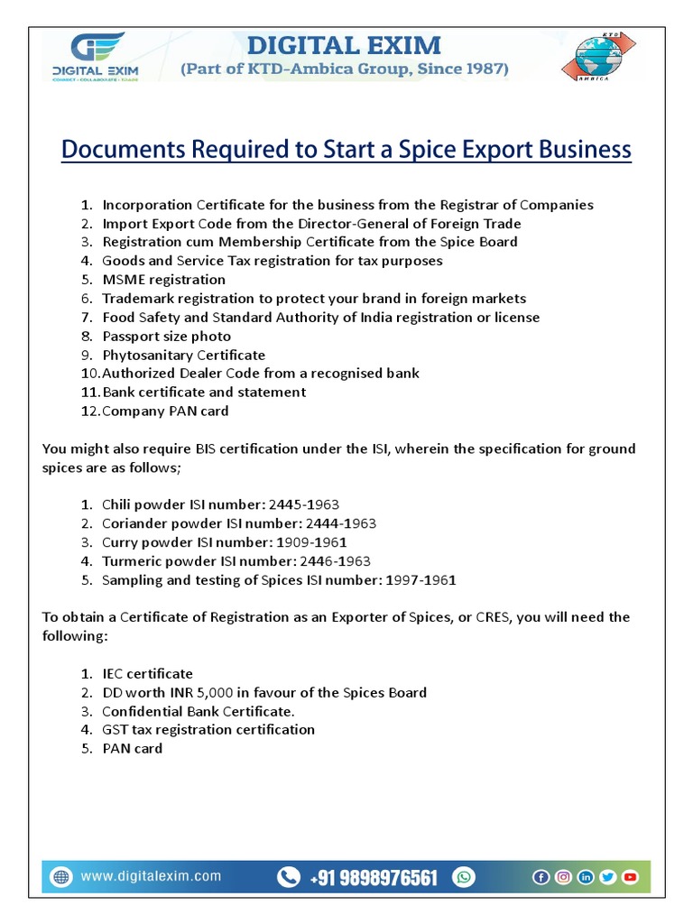 Documents Required To Start A Spice Export Business Pdf