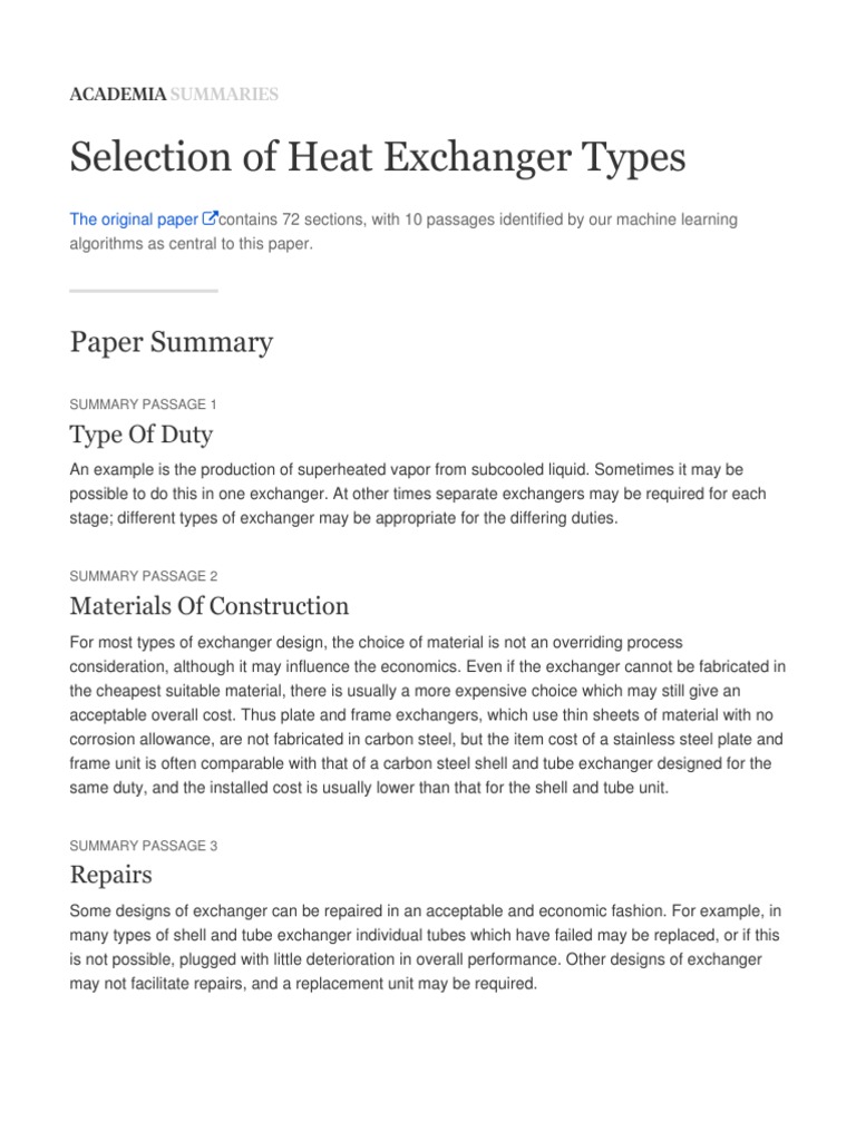 Academia Summary - Selection of Heat Exchanger Types | PDF | Pipe ...