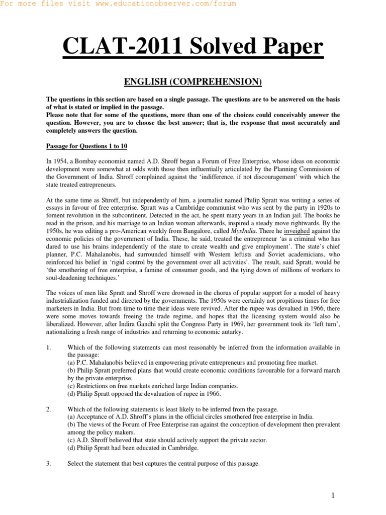 1 CLAT Entrance Exam Previous Year Question Paper CLAT 2011 | PDF ...