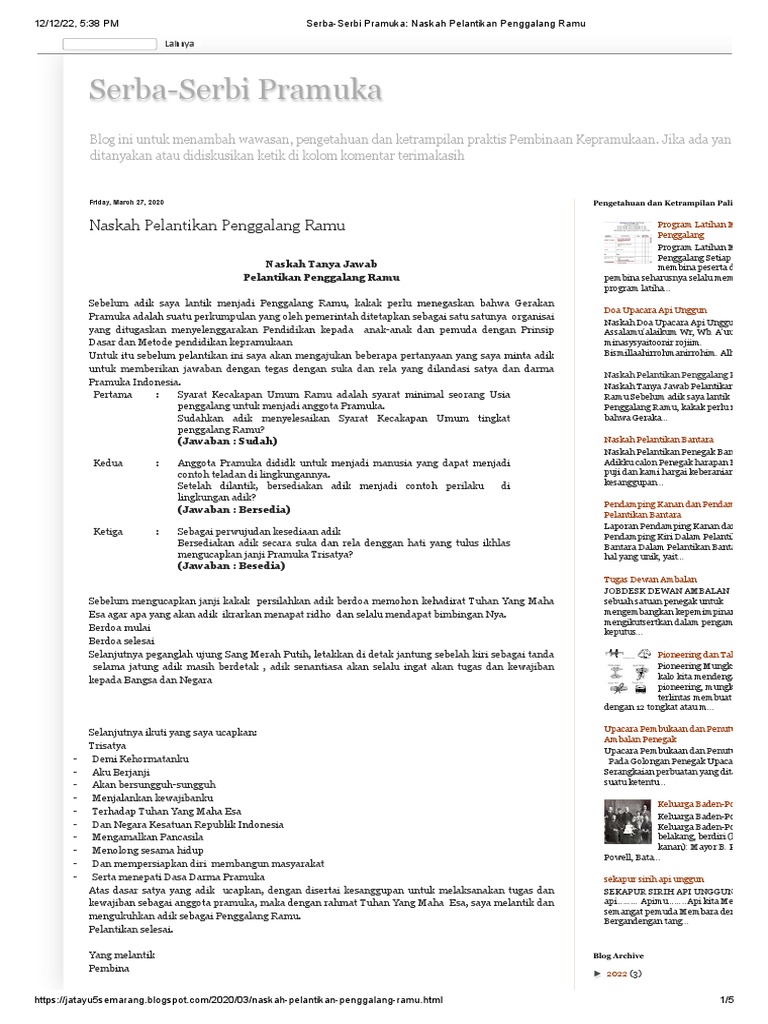 Serba-Serbi Pramuka - Naskah Pelantikan Penggalang Ramu. | PDF