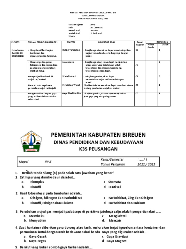 Ipas Soal Sumatif Kls 4 SM 1 | PDF | Kajian Bahasa Asing | Sains & Matematika