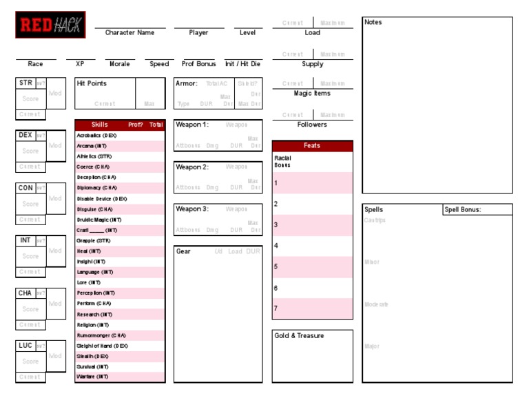 Red Hack - Character Sheet - Full Page | PDF | Gaming | Role Playing Games