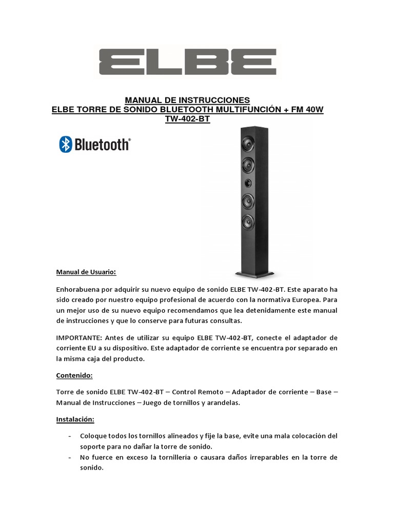 Manual Elbe Torre de Sonido Bluetooth Multifuncion FM 40w TW 402 BT | PDF | USB | Memoria USB