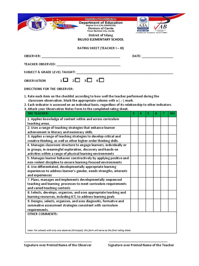 Rating Sheet Teacher I III | PDF | Teaching Method | Learning