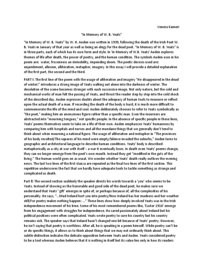 Analyzing Auden's Elegy for Yeats | PDF | Poetry | W. B. Yeats