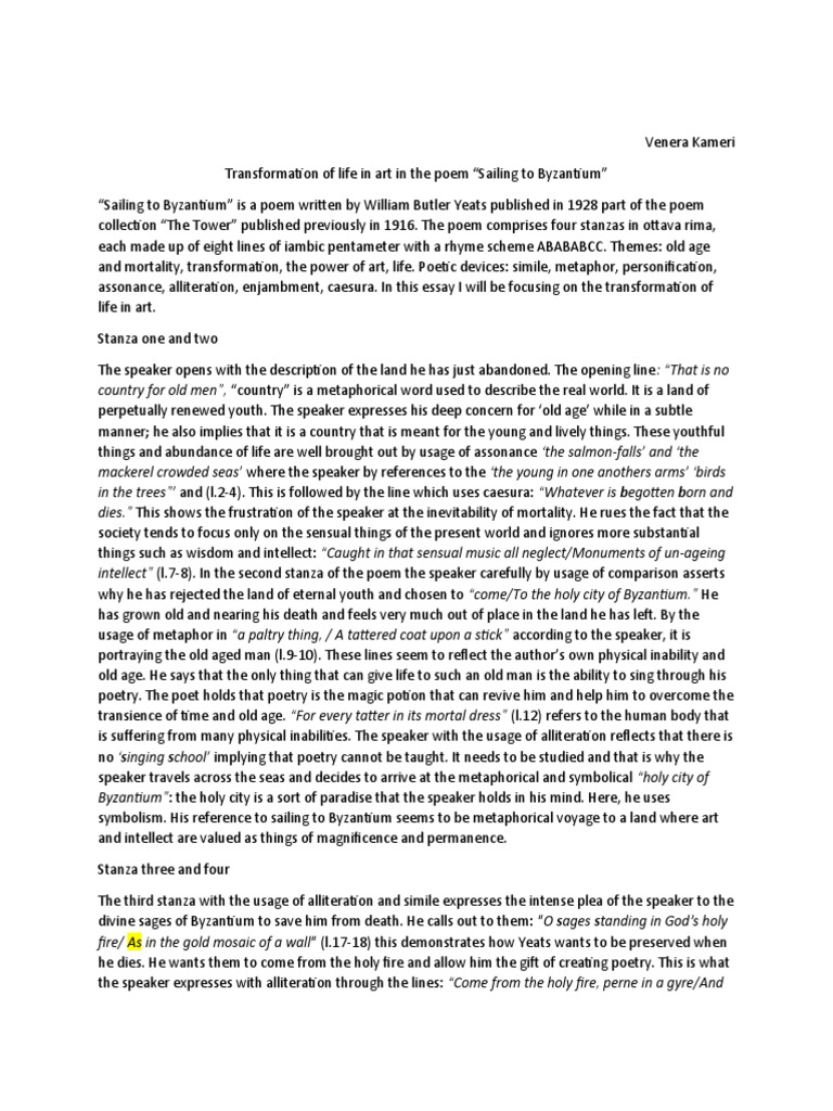 1 Essay DONE - Yeats - Sailing To Byzantium | PDF | Poetry