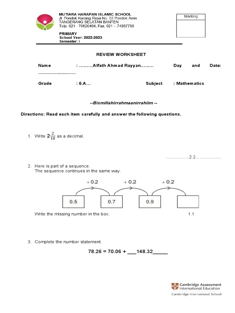 Alfath Ahmad Rayyan - G6 Math Review For Final Exam 1st Sem 2022-2023 ...