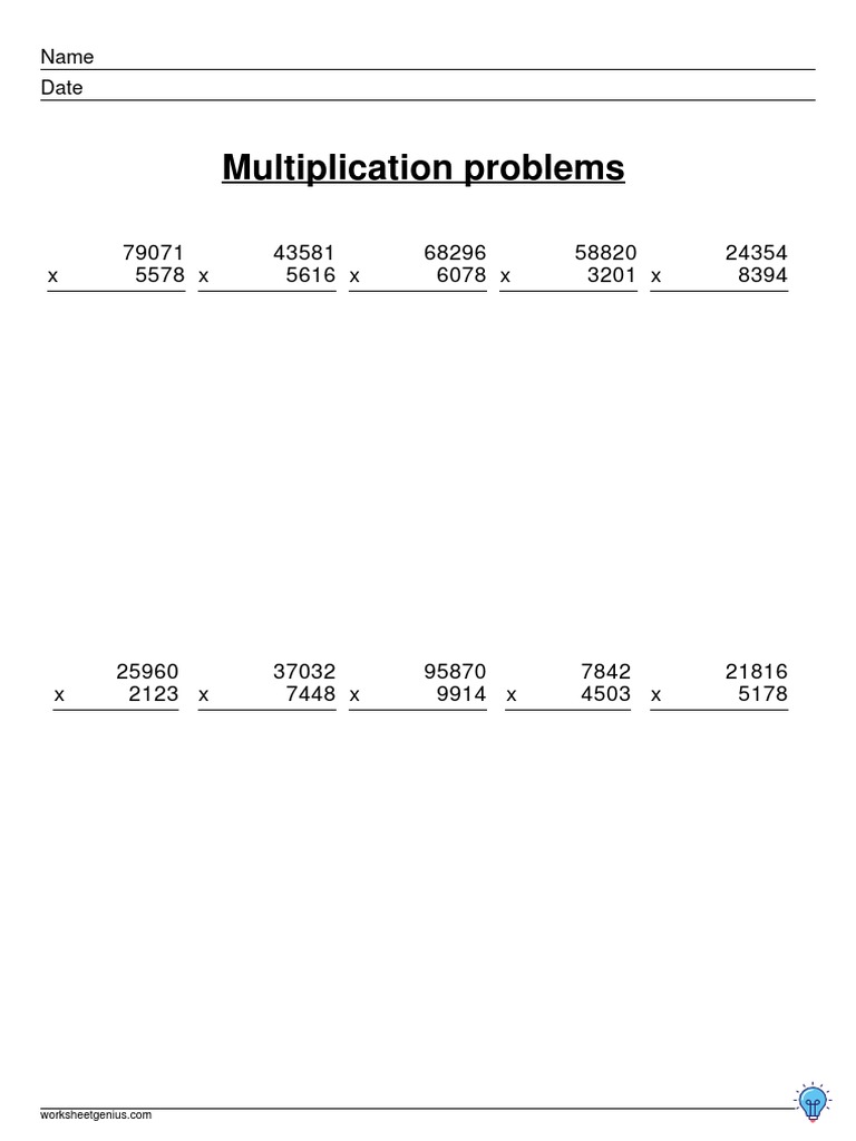 Multiplication Problems: 79071 X 5578 43581 X 5616 68296 X 6078 58820 X ...