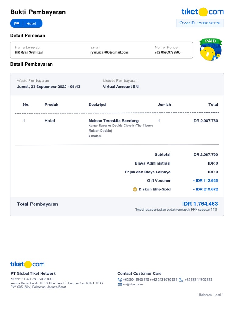 E Receipt Hotel ID 1209066176 | PDF