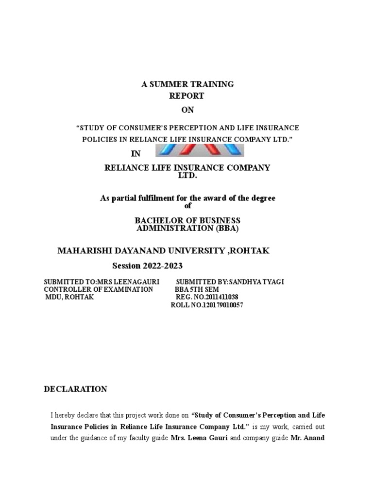 Summer Training Report | PDF | Sampling (Statistics) | Insurance