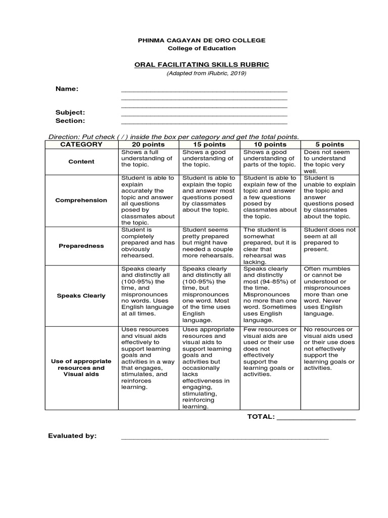 Oral Facilitating Evaluation Rubric | PDF